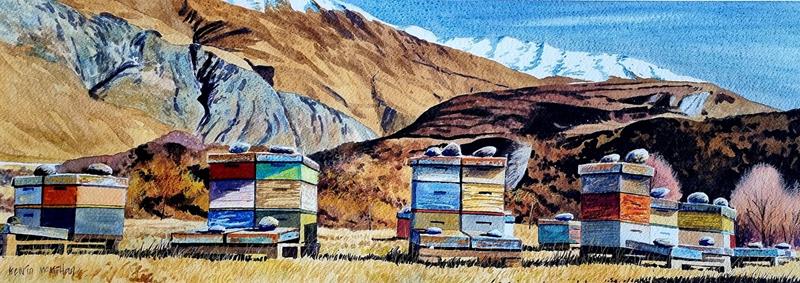 Beehives Matukituki Valley, Framed Watercolour artwork by Kelvin McMillan